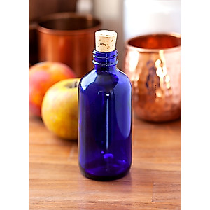 JUVITUS (4 Pack) 8 oz Cobalt Blue Boston Round Thick Plated Glass Bottle with Cork Stopper