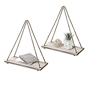 EMAISON Hanging Distressed Wood Floating Shelves with Swing Rope, Farmhouse Organizer Rustic Home Décor, Set of 2 (Set of 2, White Wash)