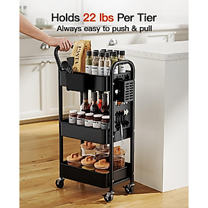Pipishell 3-Tier Rolling Cart, Metal Utility Cart with Pegboard, Lockable Wheels & U-Shaped Handle, Storage Cart with 2 Hanging Cups & 4 Hooks for Living Room, Bedroom, Kitchen, Office (Black)