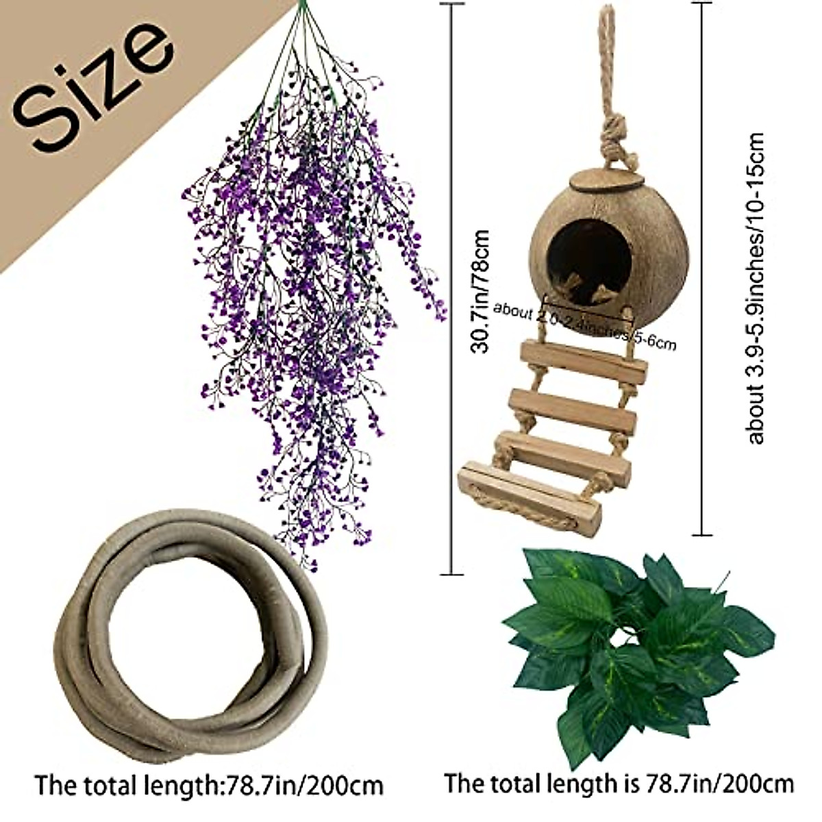 MUYG Lizard Coco Den with Ladder,Crested Gecko Coconut Husk Hut Reptile Shell Hideout Home Climbing Plants Tank Decor Terrarium Plastic Plant Leaves for Bearded Dragon Chameleon Snakes