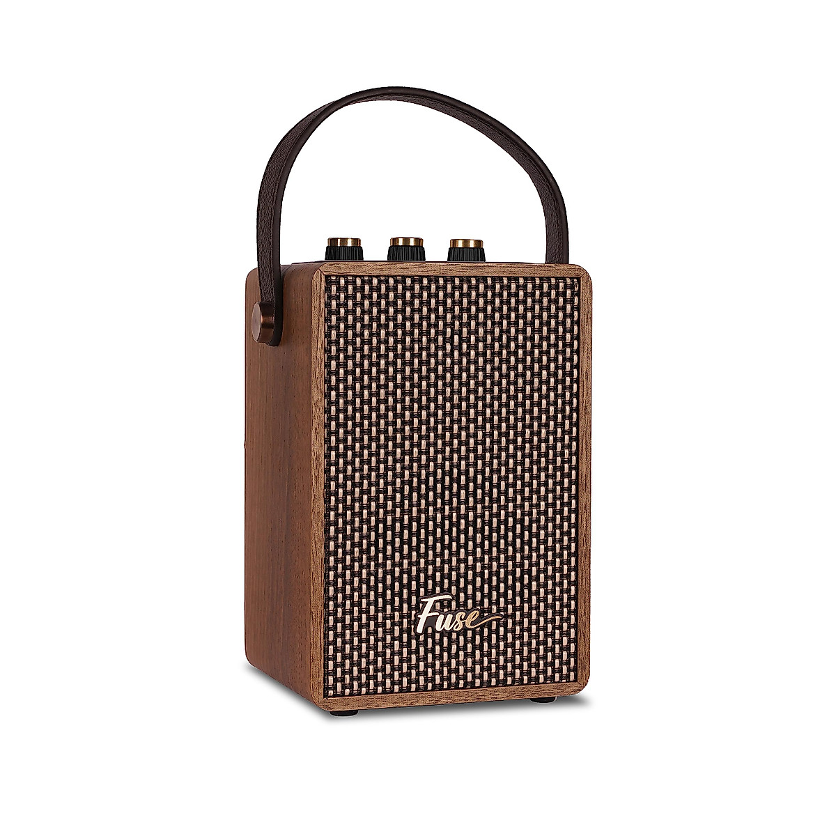 Fuse Andle Vintage Retro Bluetooth Speaker with Vegan Leather Handle | Portable Speaker with Smartphone Connection | USB & AUX Input | Stylish Brown Wood Exterior