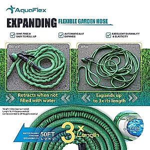 AquaFlex (US Patent) 50ft Super Light Weight Expandable Garden Hose, Water Hose with 9 Function Nozzle, Lightweight & No-Kink Flexible Garden Hose, Yard Hose for Watering, Green