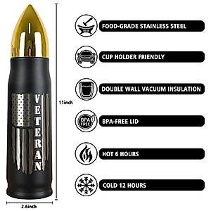 qchdln 17 OZ Veteran Bullet Tumbler with Lid - Ideal Gifts for Men Father's Day, Birthday, Veterans Day, Christmas - Perfect for Air Force, Navy, Army, Military & Veterans Cup