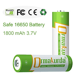 Ormakurda 16650 Rechargeable Battery, 16650 Battery 1800mAh 3.7V Li-ion Rechargeable Batteries with Button Top for Flashlights Torches (2Pack)