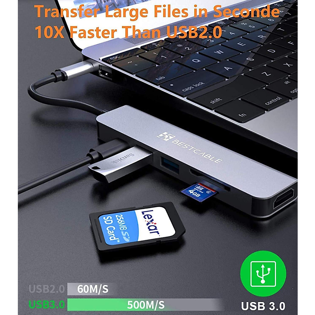 BEST CABLE USB C Hub Multiport Adapter - 6 in 1 Portable with 4K HDMI Output, 2* USB 3.0 Ports, SD/TF Card Reader,USB C 100W PD, Compatible with MacBook Pro, XPS More USB C Devices