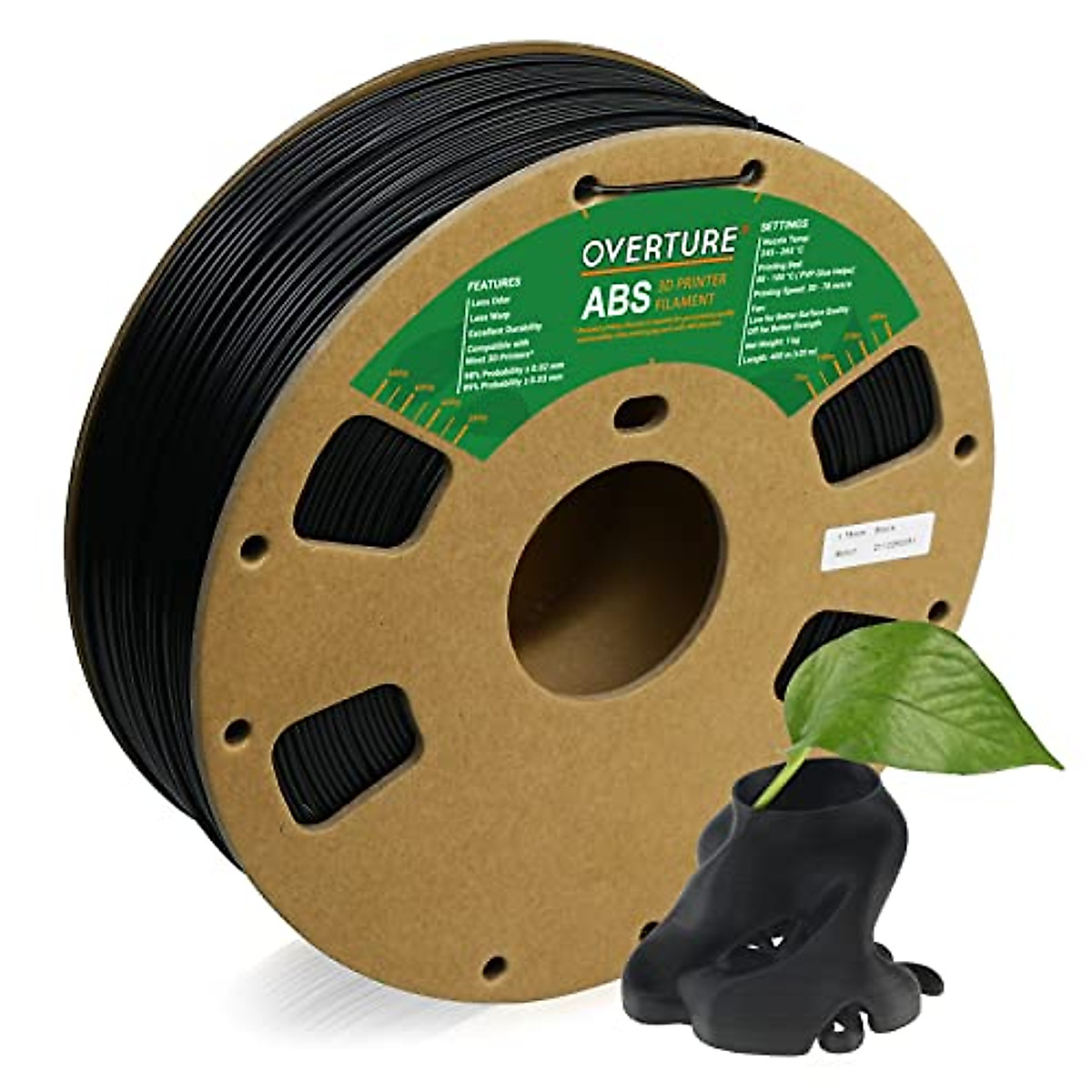 OVERTURE ABS Filament 1.75mm, ABS 1kg Spool (2.2lbs),3D Printer Filament,Dimensional Accuracy +/- 0.03 mm, Fit Most FDM Printer (Black 1-Pack)