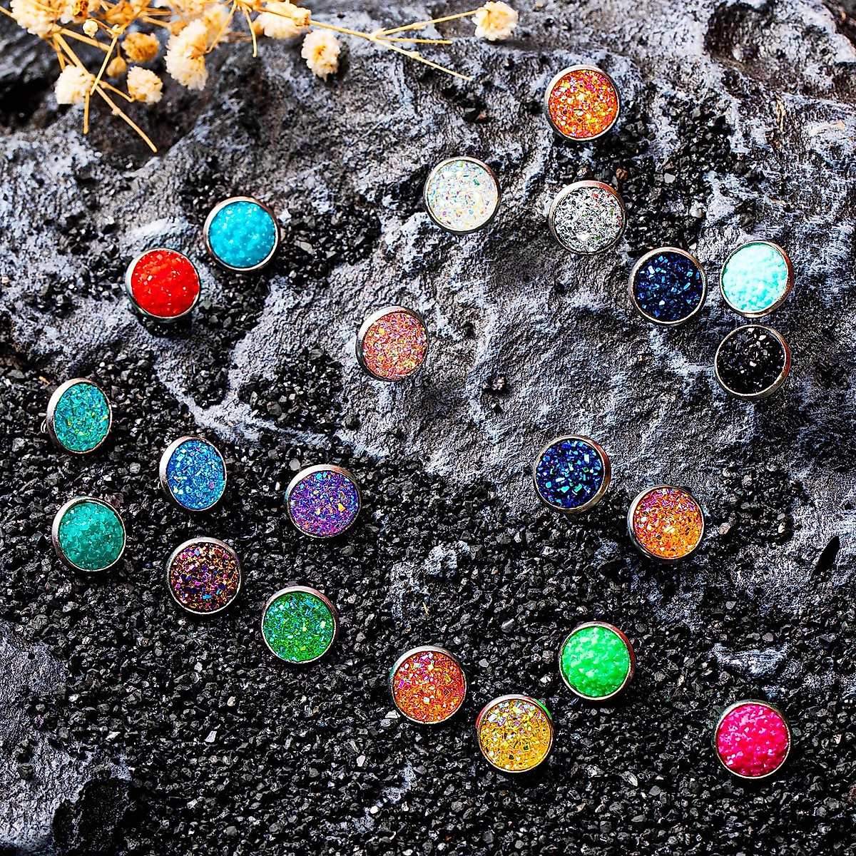 Epakh 64 Pairs Faux Druzy Stud Earrings Set Stainless Steel Round Earrings Round Bling Earrings Glitter Bohemian Pierced Earrings for Women, 32 Colors