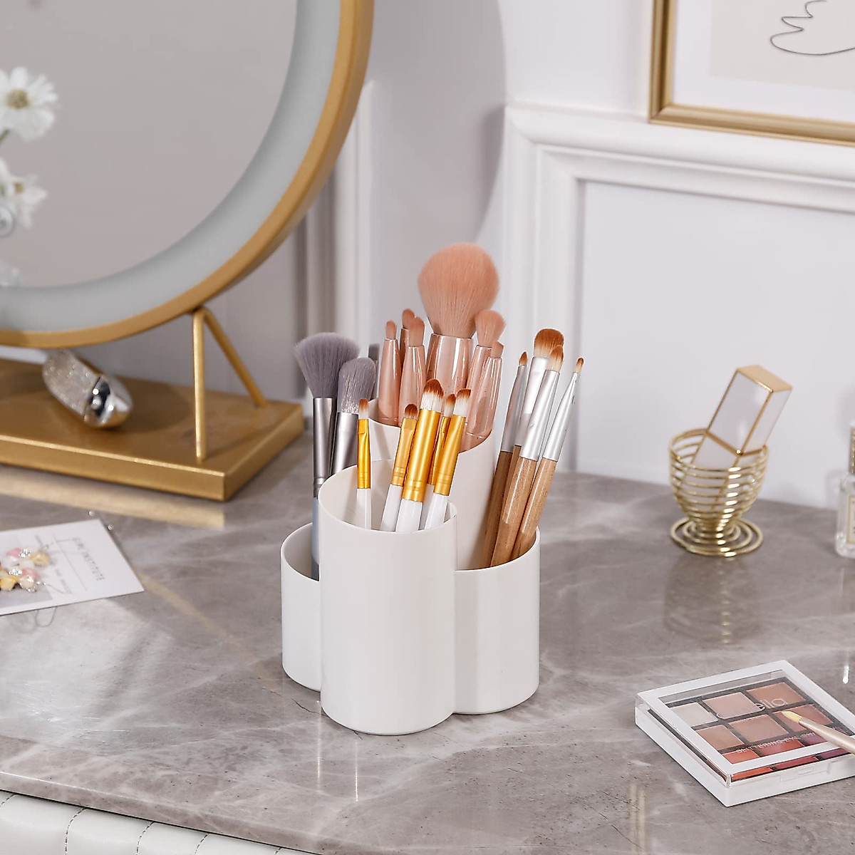 Yesesion Plastic Makeup Brush Holder for Desk, Round Cosmetics Brushes Organizer with 4 Compartment, Storage Cup for Lipsticks, Hair Accessories, Beauty Tool in Vanity, Bathroom, Dresser ( White )