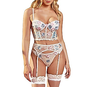WDIRARA Women's Floral Lace Push Up Garter Lingerie Set with Stockings White L
