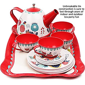 Tea Set for Little Girls, Pretend Play Tea Party Set, Floral Design Kids Tin Tea Set with Carrying Case (15 Pcs)