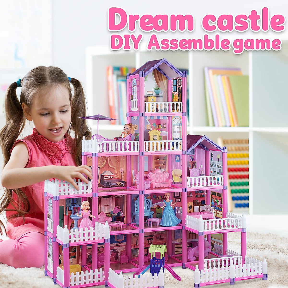 292-Piece Pink Princess Castle Dollhouse Playset with Dolls, Furniture & Accessories - For 3-10 Year Old Girls