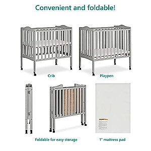 Dream On Me 2-in-1 Lightweight Folding Portable Stationary Side Crib in Pebble Grey, Greenguard Gold Certified, Baby Crib to Playpen, Folds Flat for Storage, Locking Wheels