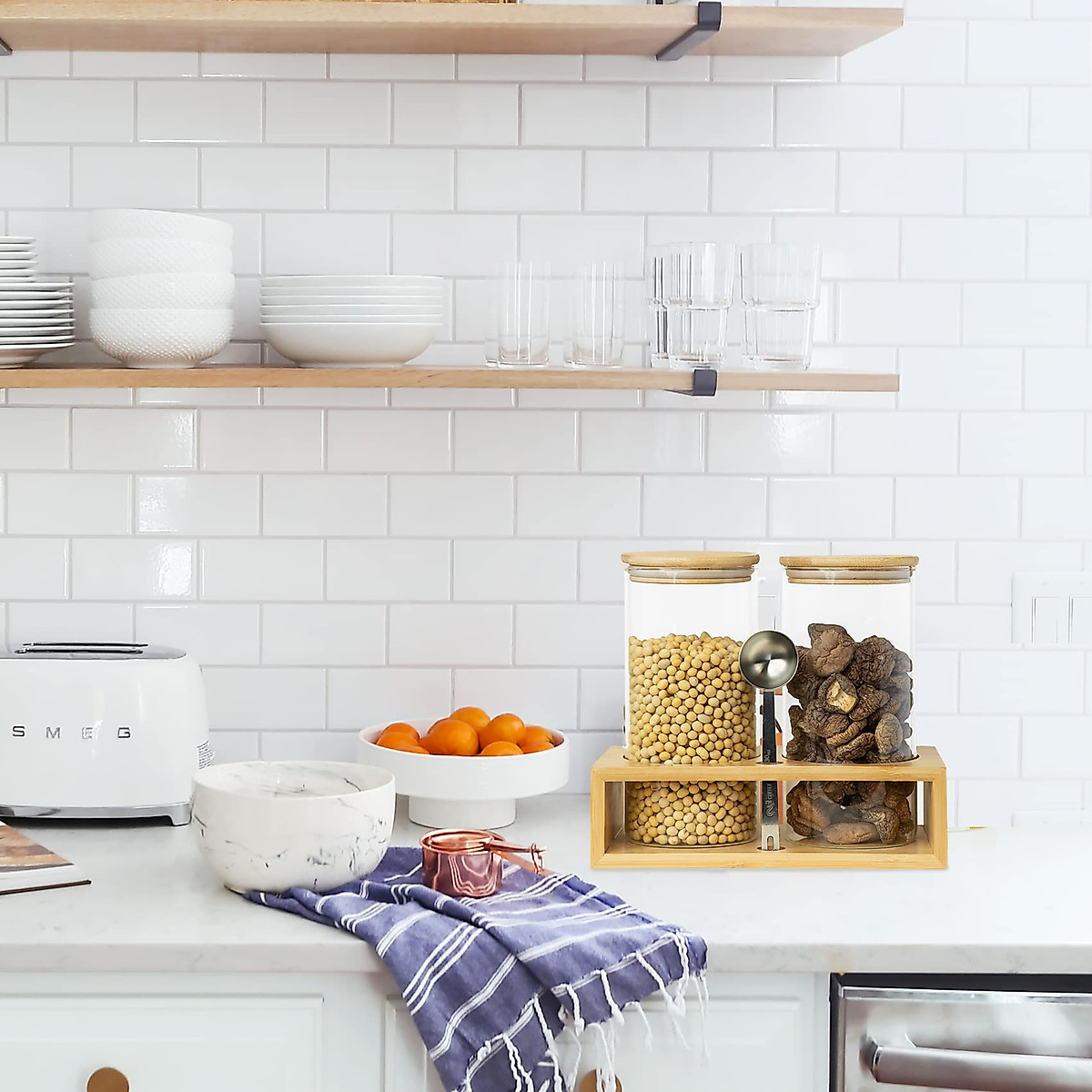 Glass Coffee Containers With Shelf, Coffee Bar Organizer And Accessories, Coffee Jars With Spoon, 2x 49oz Coffee Bean Storage Airtight Sealed Coffee Canister For Coffee Bean, Ground Coffee, Nuts