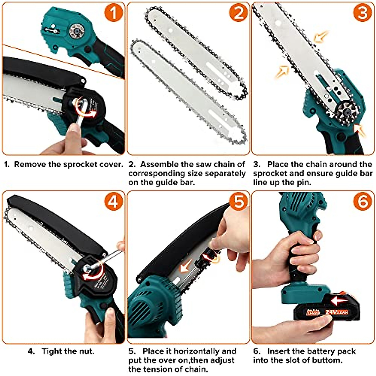 Mini Chainsaw Cordless 6 Inch/8 Inch Handheld Chainsaw- 24V Hand Saw Battery Powered, Pruning Saw for Tree Branches, Courtyard, Household, Garden, Wood Cutting Tree Trimming（2 Batteries+ 4 Chains）