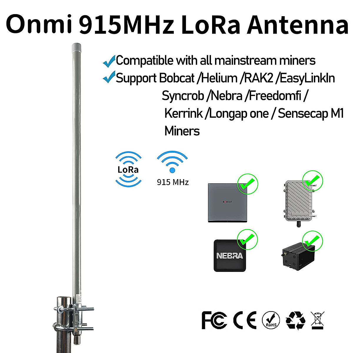 915Mhz HNT Bobcat Miner Antenna,Omni-Directional,10dbi 35inch.Waterproof, 3 Meters RG58,RP-SMA Adapter