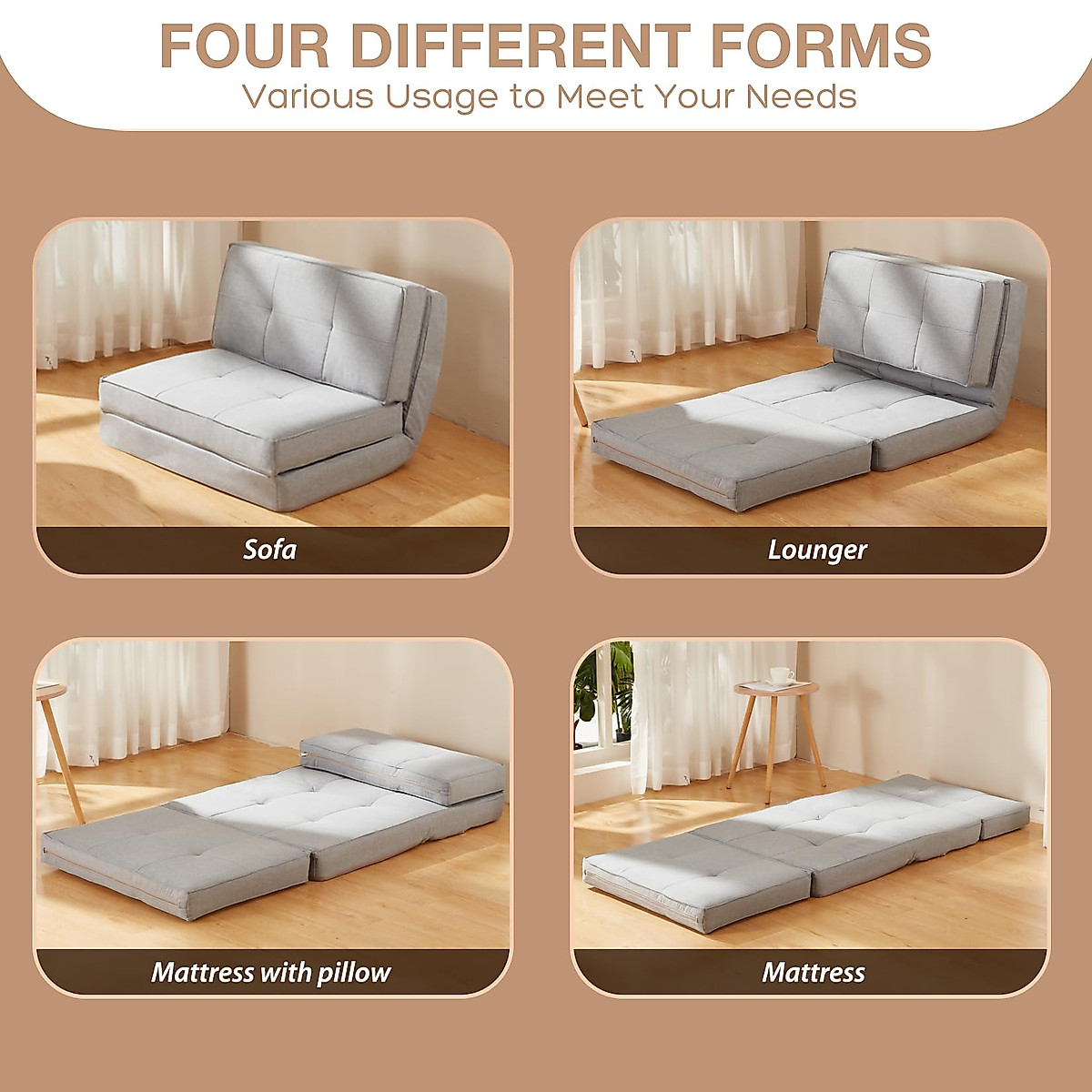 Congermom Adjustable Convertible Flip Chair Upholstered Floor Sofa with 5-Position Backrest,3 in1 Folding Sleeper Dorm Game Bed Couch Mattress for Living Room,Bedroom,70.8" L X 27.5" W X 5.1" H