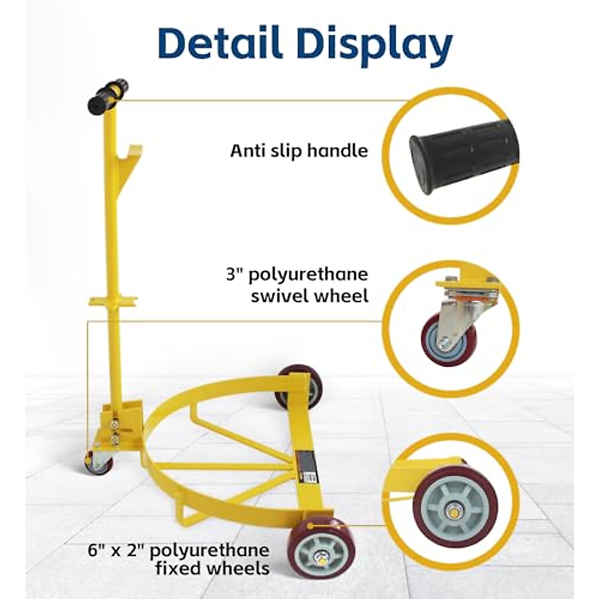 MaxWorks 50858 55 Gallon Drum Dolly, 1200lbs capacity, with 2 fixed PU Wheels and 1 swivel wheel - Low Profile Steel Oil Drum Caddy Oil Barrel Drum Roller Hand Cart