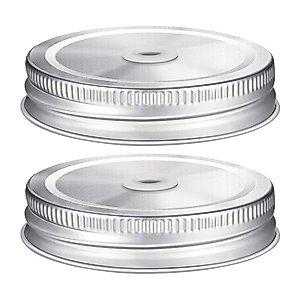 2pcs Mason Jar Straw Lids 3.3in Sealing Lid with Hole Stainless Steel Perforated Cover Secure Jar Caps Leak Proof Canning Cap Drinking Jar Cover