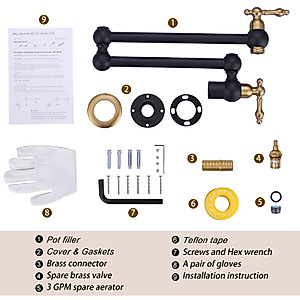 WOWOW Pot Filler Faucet Over Stove, Solid Brass Pot Filler Wall Mount Commercial Kitchen Sink Pot Filler Copper Folding Faucet, with Stretchable Double Joint Swing Arm, Black and Gold