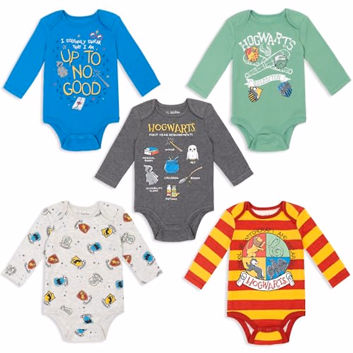 Harry Potter Hogwarts Newborn Baby Boys 5 Pack Long Sleeve Bodysuits Multicolor 6-9 Months