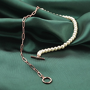 MJartoria Pearl Choker Necklace, 14K Gold Plated Paperclip Chain Necklace for Women, Toggle Clasp, Dainty Half Pearl Half Chain Necklace Trendy Jewelry Birthday Gifts