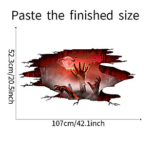 Scary Halloween Floor Wall Stickers 3D Ghost Floor Decals Art Decorations, Red Moon Cobweb Zombie Wall Floor Stickers Ghost Hands Scratching Decals for Living Room Bar Pub