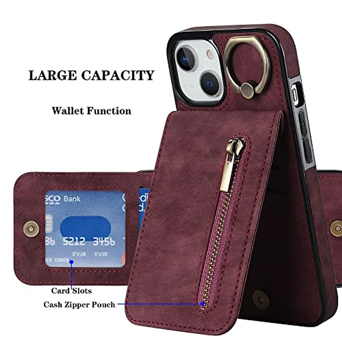Nunwiza for iPhone 14 Case/iPhone 13 Case Wallet with Card Holder, Leather Protective Case Purse with Ring Holder for Apple iPhone 14 6.1 inch Wine Red