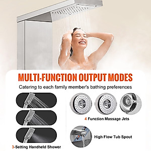 VEVOR Shower Panel System, 6 Shower Modes, LED & Display Shower Panel Tower, Rainfall, Waterfall, 4 Body Massage Jets, Tub Spout, Handheld Shower Head 59" Hose, Stainless Steel Wall-Mounted Shower Set