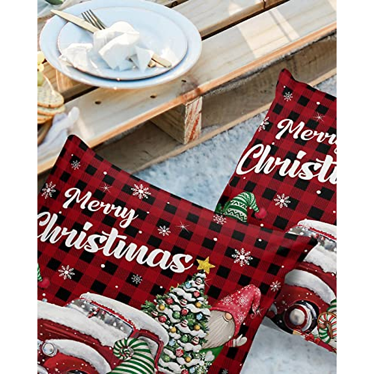 Christmas Outdoor Pillow Cover 16x16 Inch Cushion Sham Case,Red Plaid Gnome Truck Winter Snowflake Xmas Tree Waterproof Decorative Square Throw Pillowcase for Garden Patio Porch Couch Chair Tent