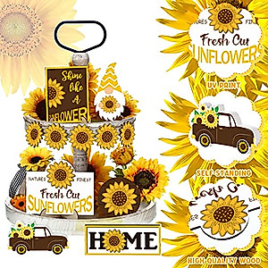 Sunflower Tiered Tray Decor Summer Farmhouse Mini Wood Signs House Shaped Table DecorSunflower Decor for Party Home Kitchen Holiday (Sunflower, 12 Pcs)