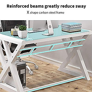 IPKIG 55.1Inch Tempered Glass Computer Desk w/Glass Top Metal Frame, Office Desk Computer Table Modern Office Study Work Writing Desk Table for Home Office Personal Workstation (White-55.1 Inch)