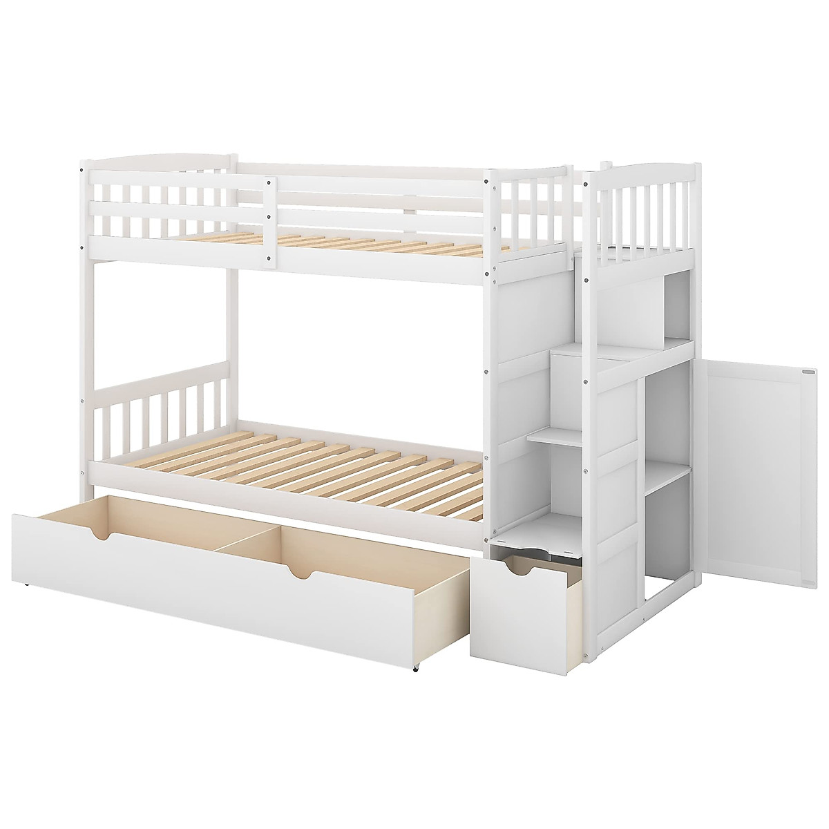 SOFTSEA Bunk Bed Twin Over Full with Drawers, Twin Over Twin Bunk Bed Frame with Storage Cabinet for Kids, No Box Spring Needed(White)