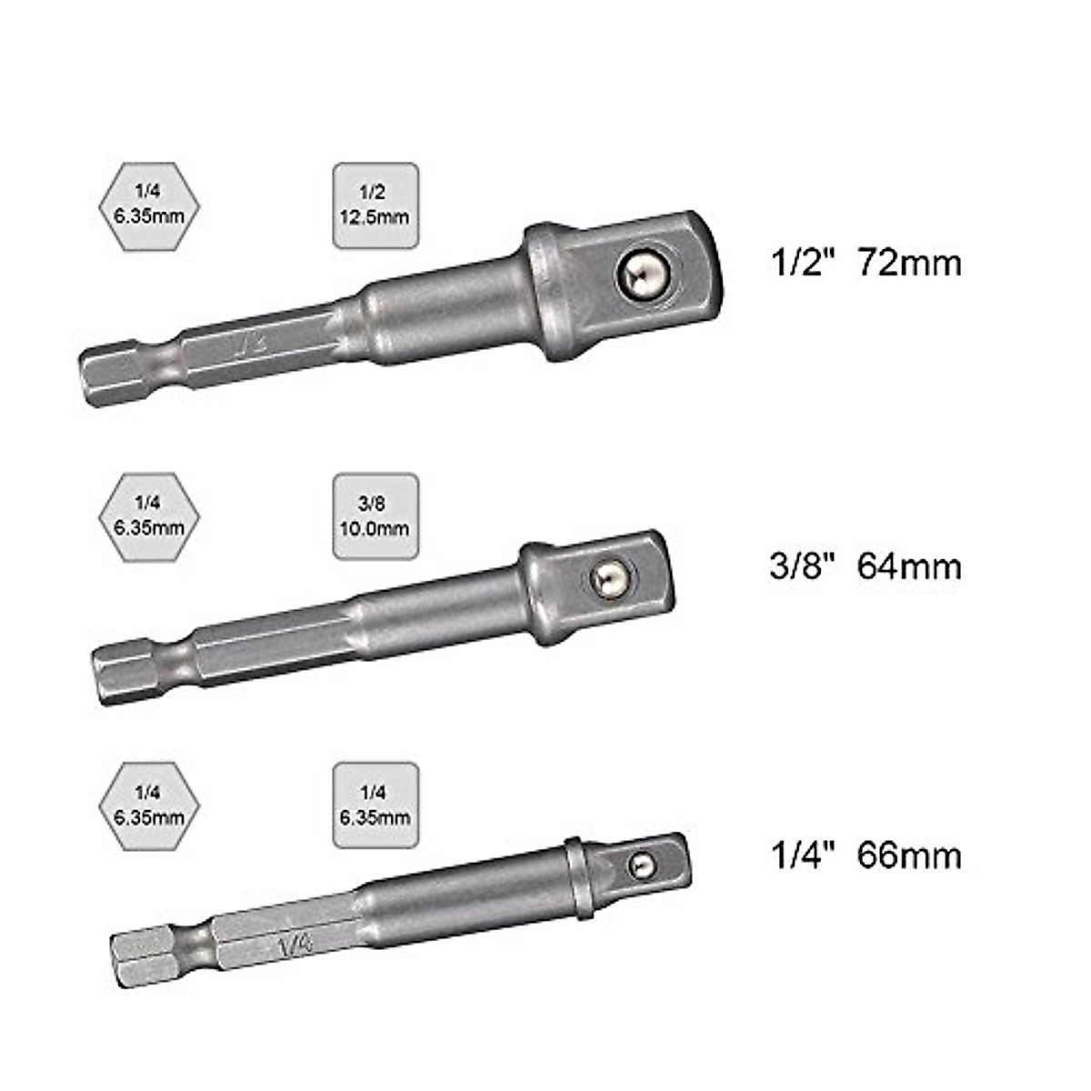 Impact Grade Socket Adapter Set - 3 Packs Drill Bit Adapter with Bit Holder, Sizes 1/4", 3/8", 1/2", 1/4-Inch Hex Shank, Cr-V, for Cordless Drill & Screwdriver, Power Drill & Driver