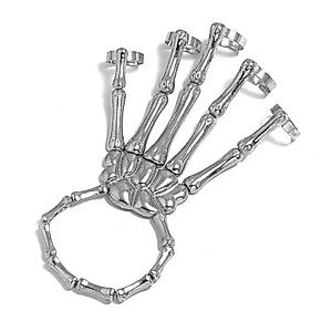 Punk Handmade Halloween Wristband Skull Fingers Metal Skeleton Hand Bracelet with Ring Fashion Exaggerated Metal Skull Finger Bone Joint Bracelet for Women Party Gifts Jewelry-Silver