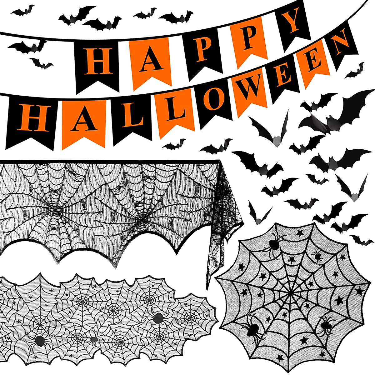 Halloween Decorations Indoor Set , -Halloween Fireplace Mantel Scarf & Round Table Cover & Lace Table Runner &Halloween Banner & 60 pcs Scary 3D Bat for Halloween Party Decorations Black