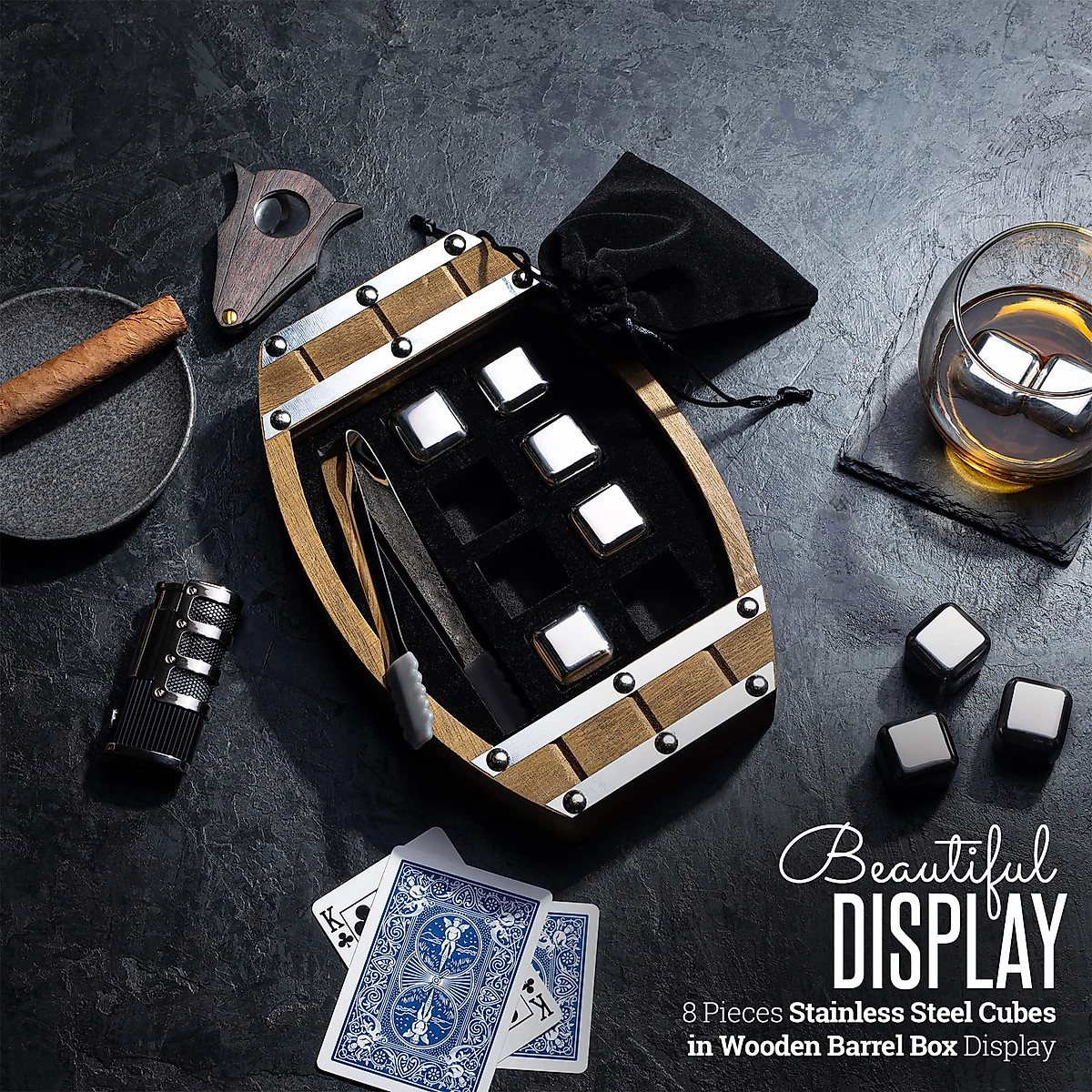 Whiskey Stone Gift Set - 8 Pieces Stainless Steel Cubes in Wooden Barrel Box Display Includes Reusable Stones, Felt Bag & Tongs - Keep Drinks Cold for Scotch, Beer, Wine, Cocktails for Women & Men