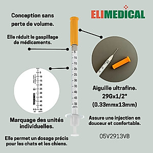 Elimedical Veterinary Insulin Syringe, U-100, 0.5cc (ml), 29g x 1/2 inch (12.7mm), Individually Packed, for Pet Cat or Dog, 100 per Box, 05V2913VB
