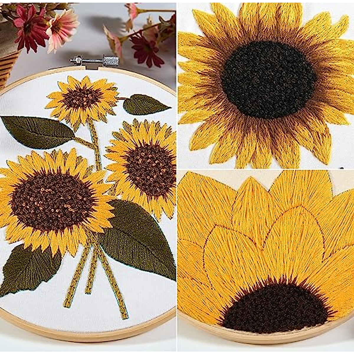 Armindou 3 Sets Embroidery Starter Kits with Sunflower Pattern for Adults Beginners, Floral Stamped Cross Stitch Kit Hand DIY Needlepoint Kit, 3 Embroidery Hoops, 3 Embroidery Fabric, Needles, Threads