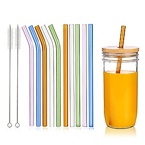 RENYIH 10 Pcs Reusable Glass Drinking Straws,9.05''x10 mm Colorful Glass Straws for Beverages,Milkshakes,Tea, Juice,Set of 5 Straight and 5 Bent with 2 Cleaning Brushes -Dishwasher Safe