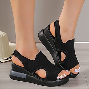 DOIX Mesh Wedges Sport Sandals for Women Comfortable Elastic Ankle Strap Fish Mouth Sandals Casual Slip on Platform Sandals Breathable Open Toe Walking Shoes Sneakers,Black,US7/EU38