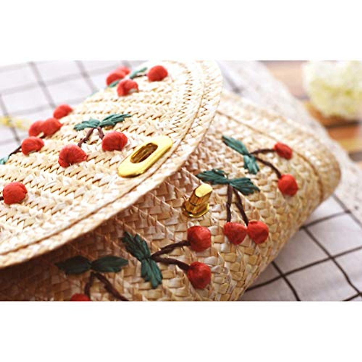 TENDYCOCO Crossbody Bag Straw Bag Shoulder Bag Cherry Print Summer Beach Cute for Women