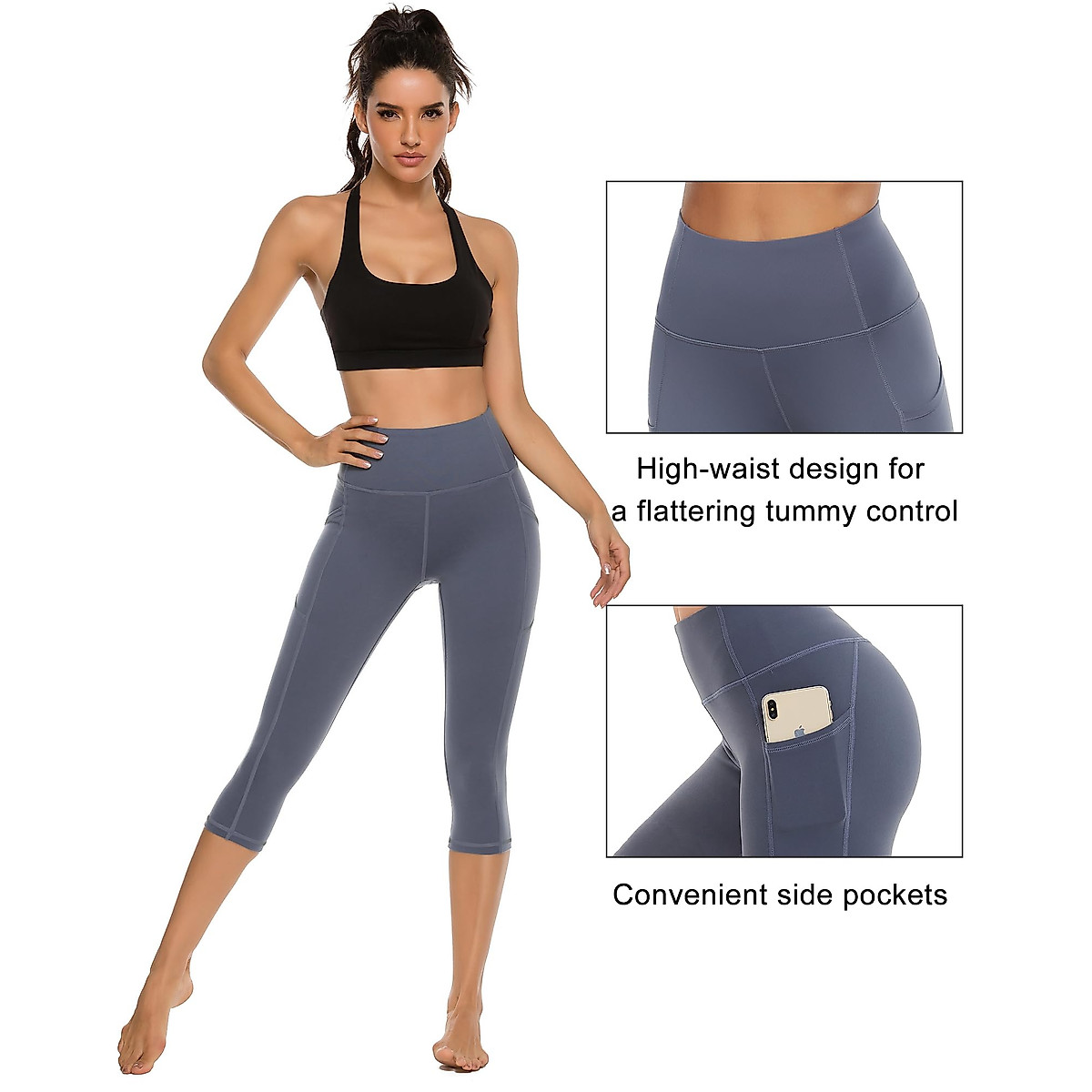 Stelle Womens High Waisted Legging Yoga Pants with Pockets for Gym Workout (Cotton Like Softness-Grey Blue, Medium)