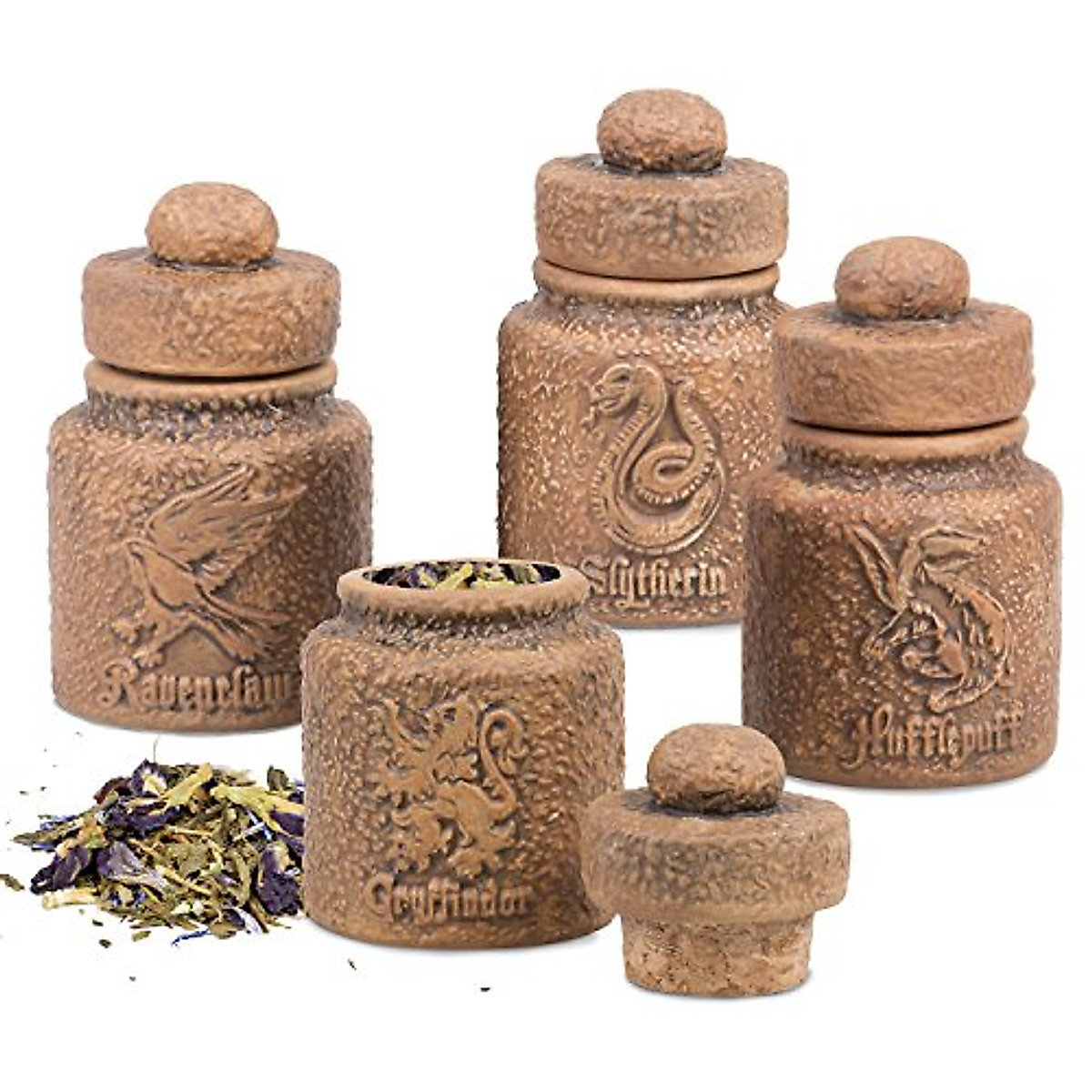 Seven20 Harry Potter Ceramic Spice Jars with Hogwarts Houses, set of 4 - Store Potion Ingredients, Herbs, Spices and More - with Gryffindor, Hufflepuff, Slytherin and Ravenclaw Symbols - 1.45 oz each