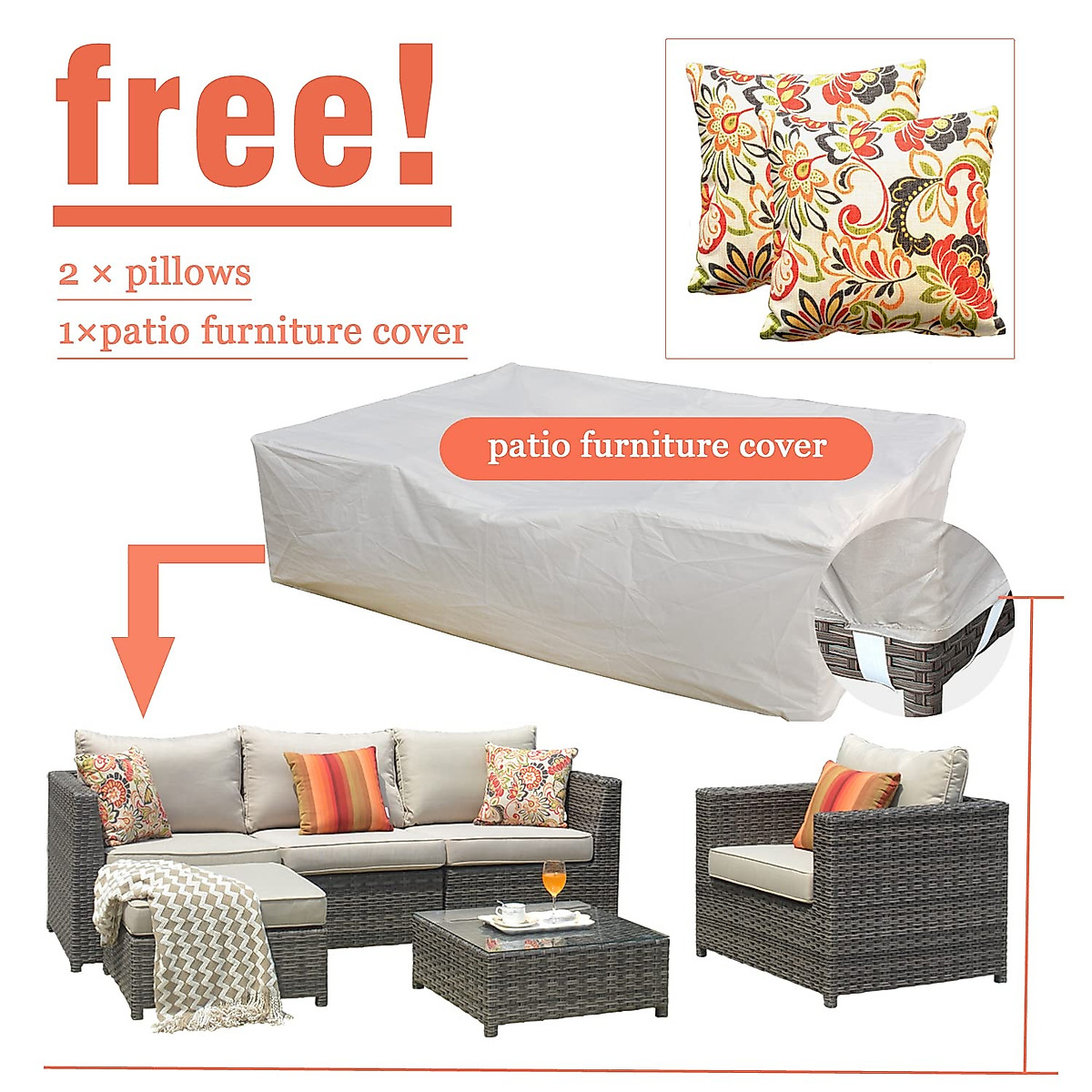 XIZZI Patio Furniture Sets Outdoor Sectional Sofa,No Assembly Required 6 Pieces Big Size Aluminum Conversation Set with 2 Pillows and Furniture Cover,Grey Wicker Beige Cushion