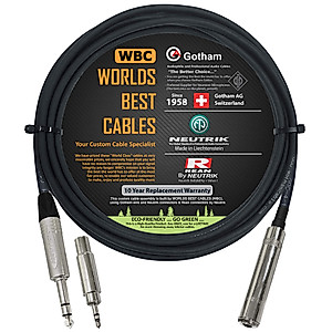 10 Foot - Gotham GAC-4/1 Star-Quad Stereo Headphone Extension Cable & Neutrik TRS Plug to Neutrik-Rean ¼ inch 3-Pole Jack + 3.5 mm Plug to ¼ inch Jack Adapter - Custom Made by WORLDS BEST CABLES