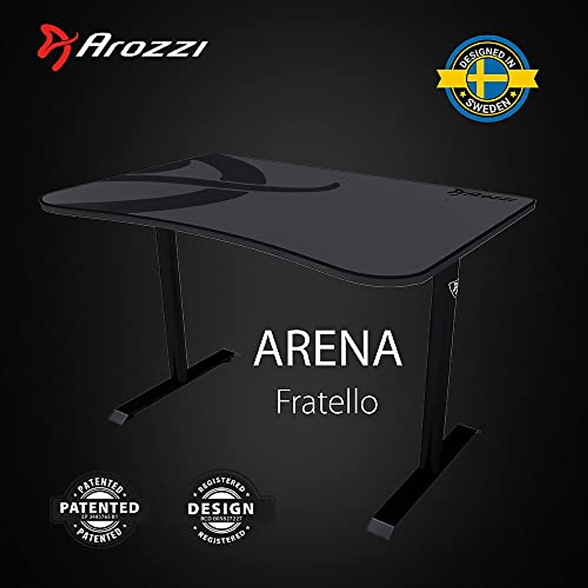 Arozzi Arena Fratello Curved Gaming and Office Desk with Full Surface Water Resistant Desk Mat Custom Monitor Mount Cable Management Cut Outs Under The Desk Cable Management Netting - Dark Grey