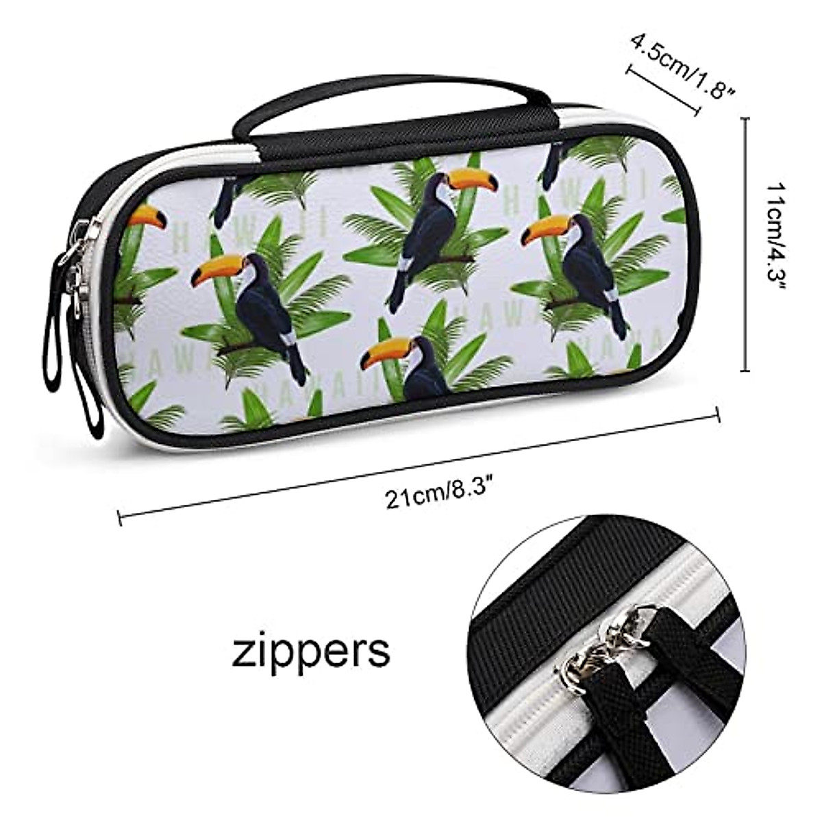 Toucan Tropical Palm Tree PU Leather Pen Pencil Bag Organizer Portable Makeup Carry Case Storage Handbag