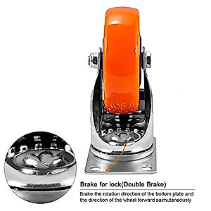 D&L 5 Inch Swivel Casters Wheels 1500lbs Heavy Duty Castors with Brake Polyurethane Dual Locking Casters Set of 4 Orange DL-I5-001