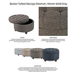 Homepop Home Decor | Large Button Tufted Woven Round Storage Ottoman | Ottoman with Storage for Living Room & Bedroom (Dark Gray)