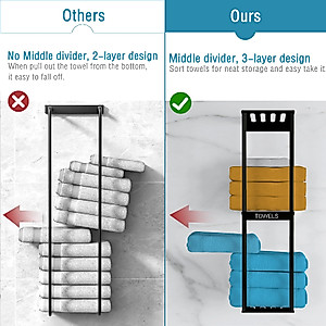 Bathroom Towel Storage Rack, Wall Towel Rack for Rolled Towels, 3 Tier Towel Holder Shelf with 4 Hooks for Small Bathroom, Matte Black